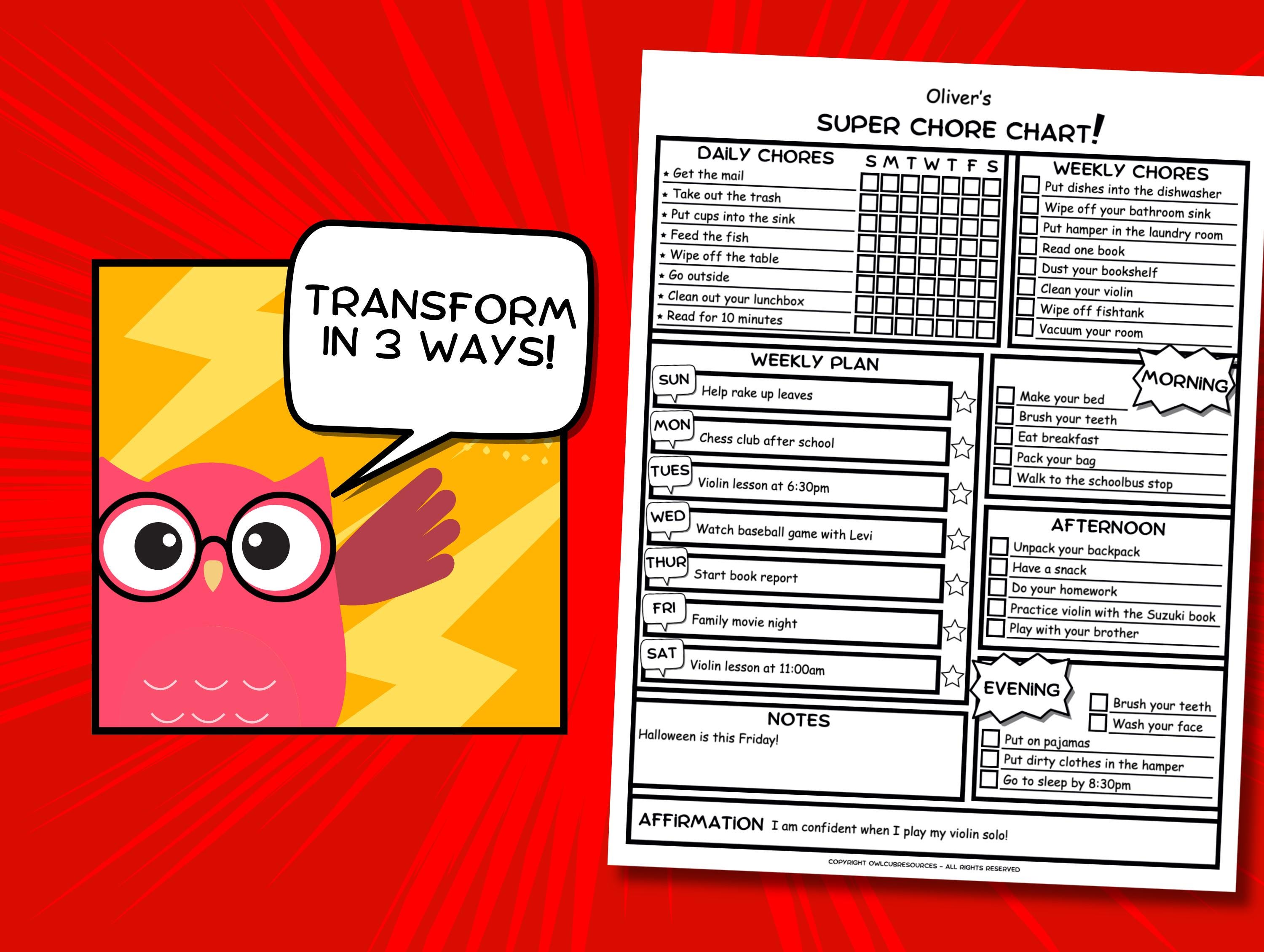Chore Chart for Kids' Daily Responsibilities, Comic Book Themed ...