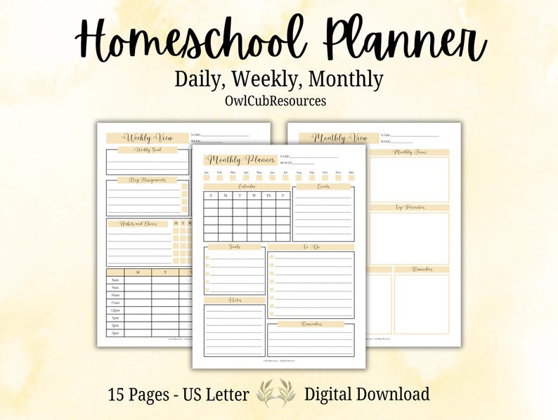 Homeschool Daily, Weekly, and Monthly Planner for Kids in Yellow ...