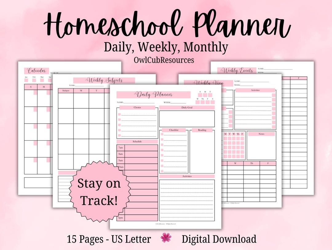 Homeschool Daily, Weekly, and Monthly Planner for Kids in Pink ...
