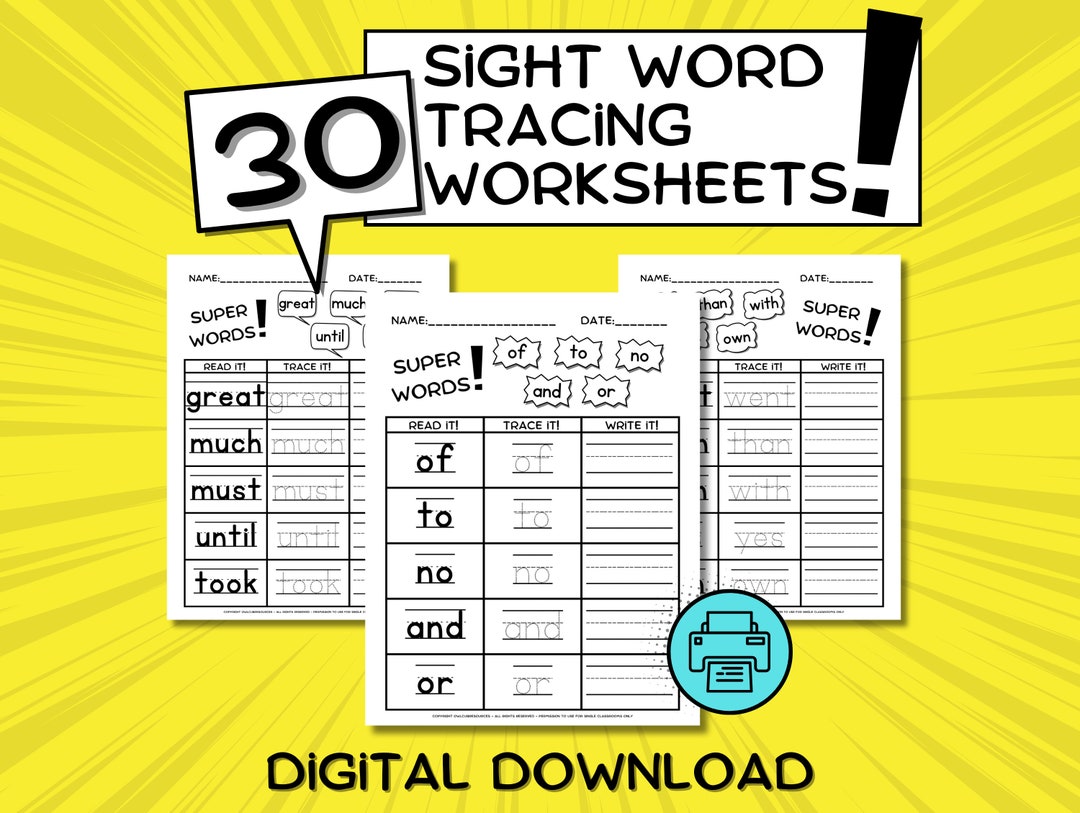 Sight Words Tracing Worksheets for Prek, Kindergarten, and 1st Grade ...