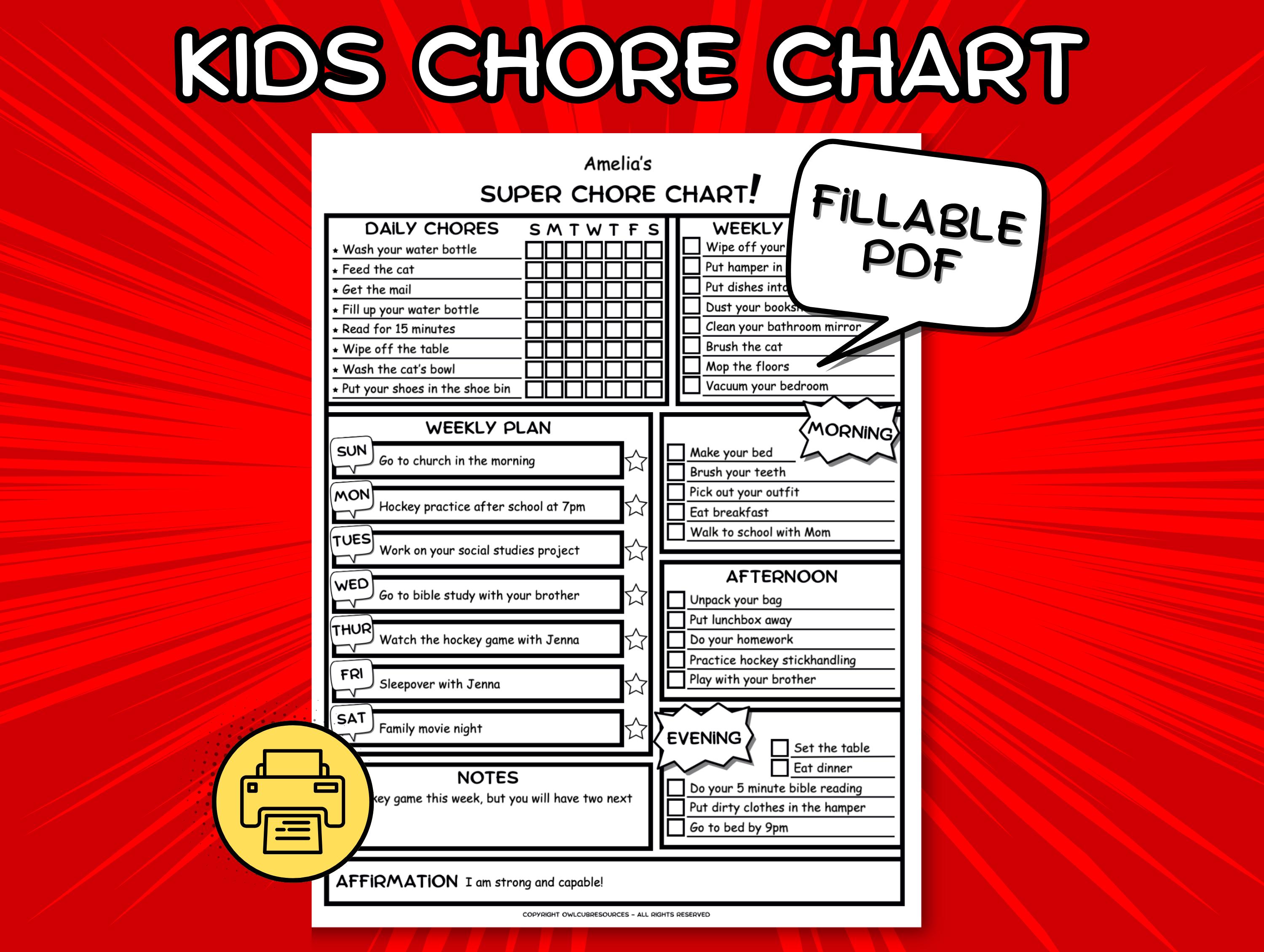 Chore Chart for Kids' Daily Responsibilities, Comic Book Themed ...