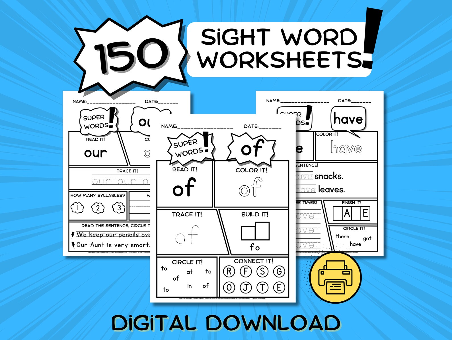 Sight Word Worksheets for Prek, Kindergarten, and 1st Grade Students ...
