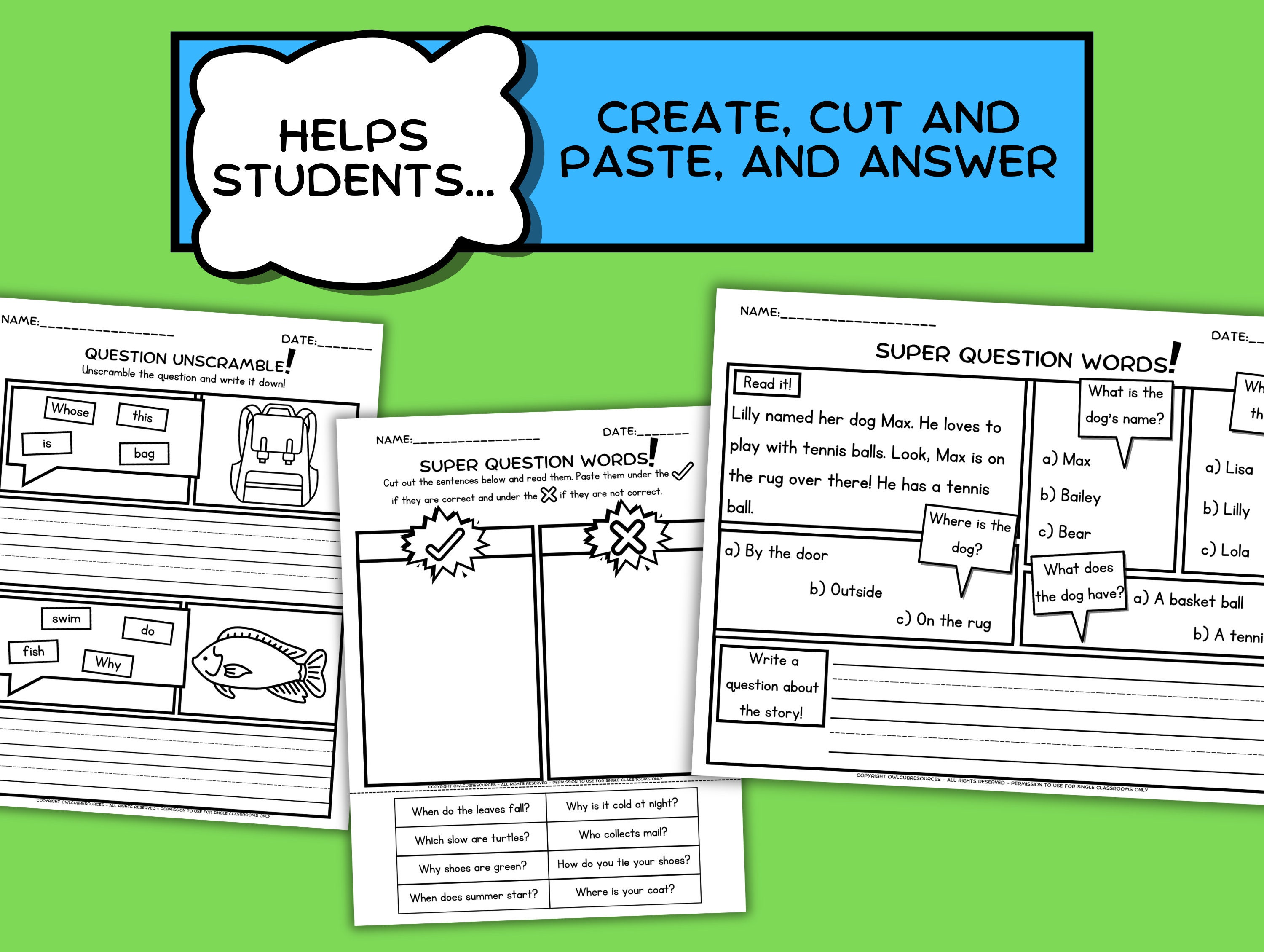 Question Word Worksheets for First Grade, and Second Grade Students ...