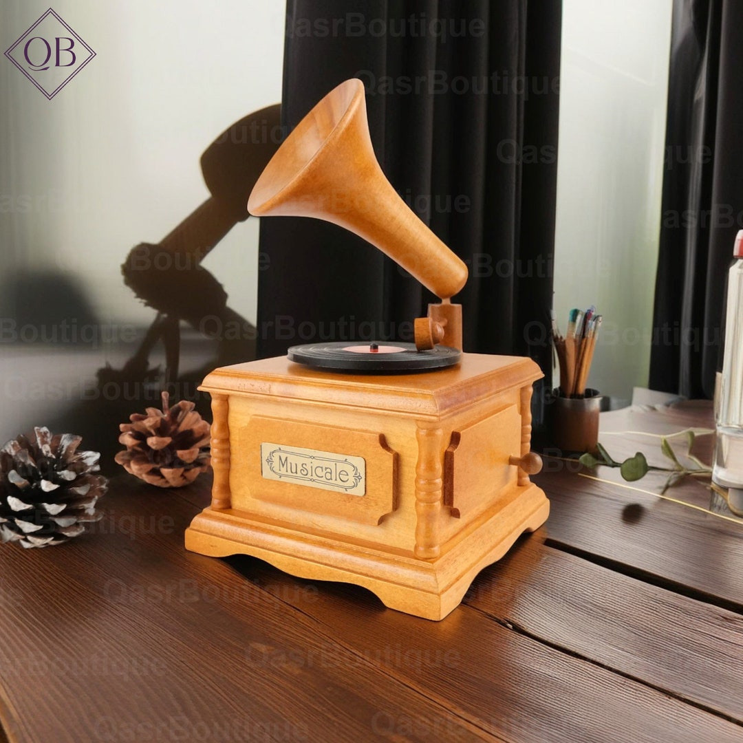 Wooden Retro Phonograph Music Box, Retro Record Player Music Box, Music ...