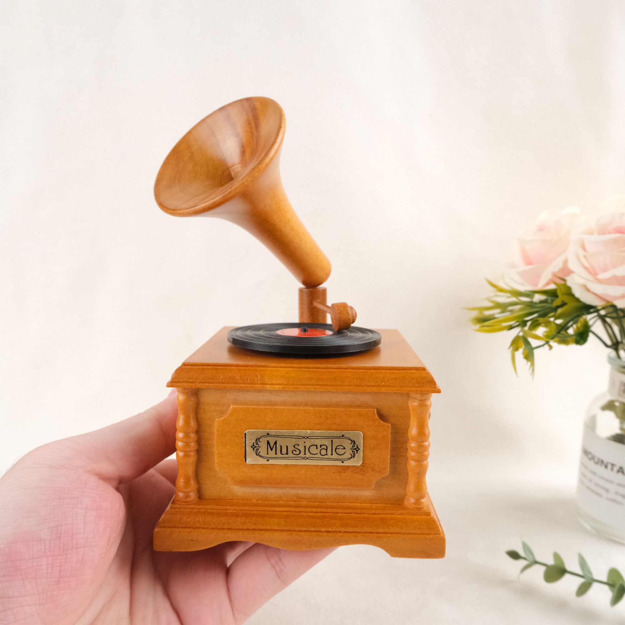Wooden Retro Phonograph Music Box, Retro Record Player Music Box, Music ...
