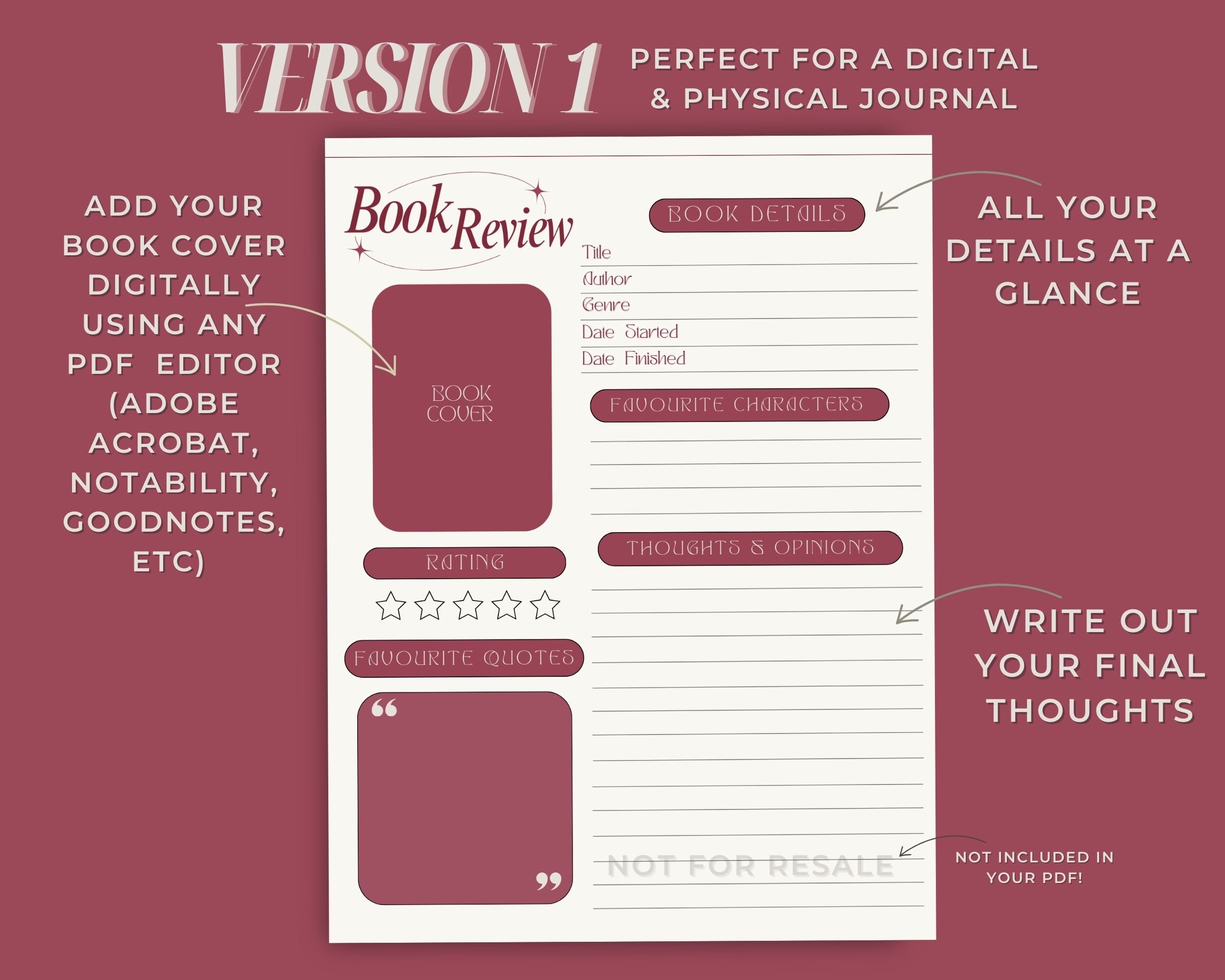 Maroon Book Review Template | Printable & Fillable Reading Tracker ...