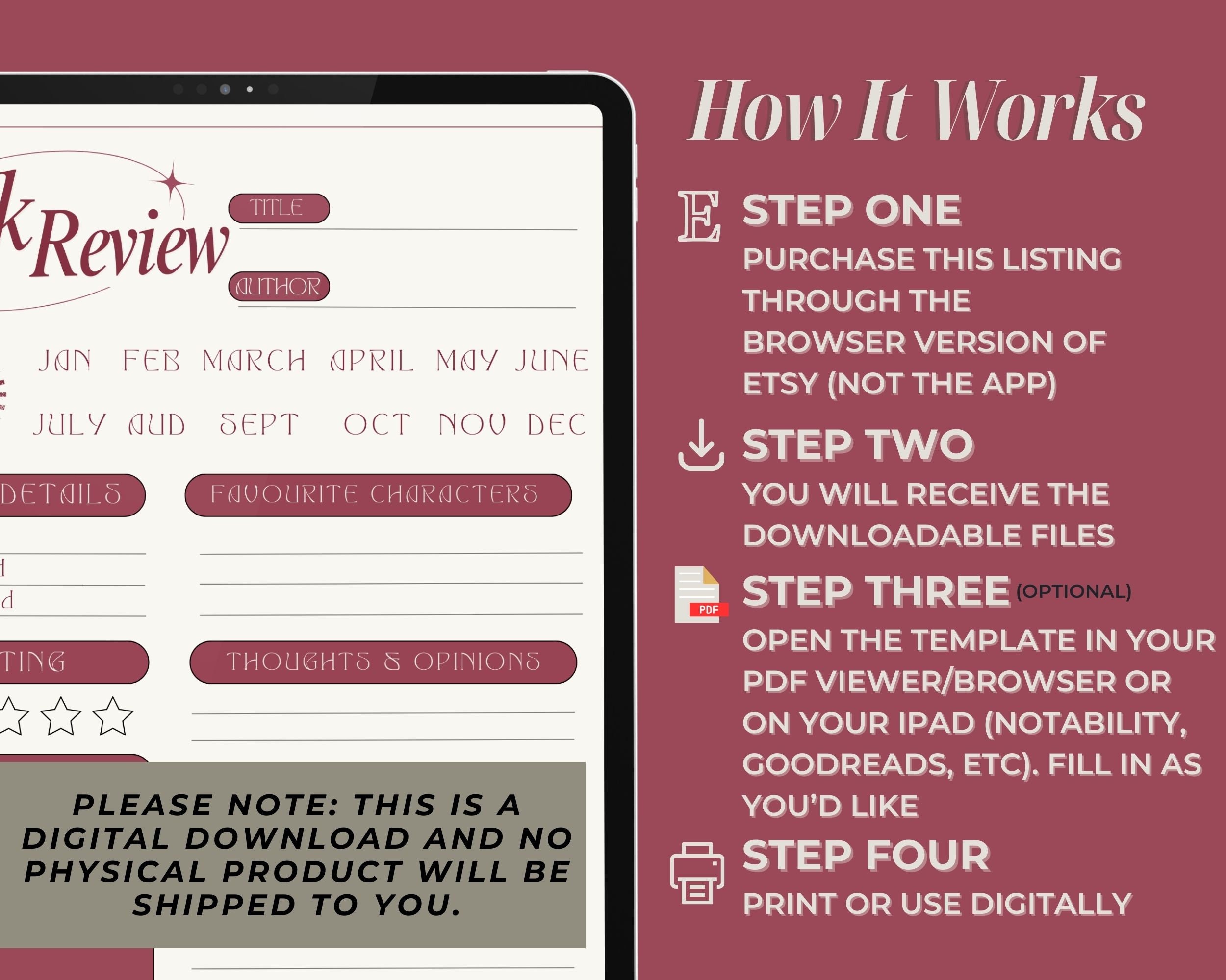 Maroon Book Review Template | Printable & Fillable Reading Tracker ...