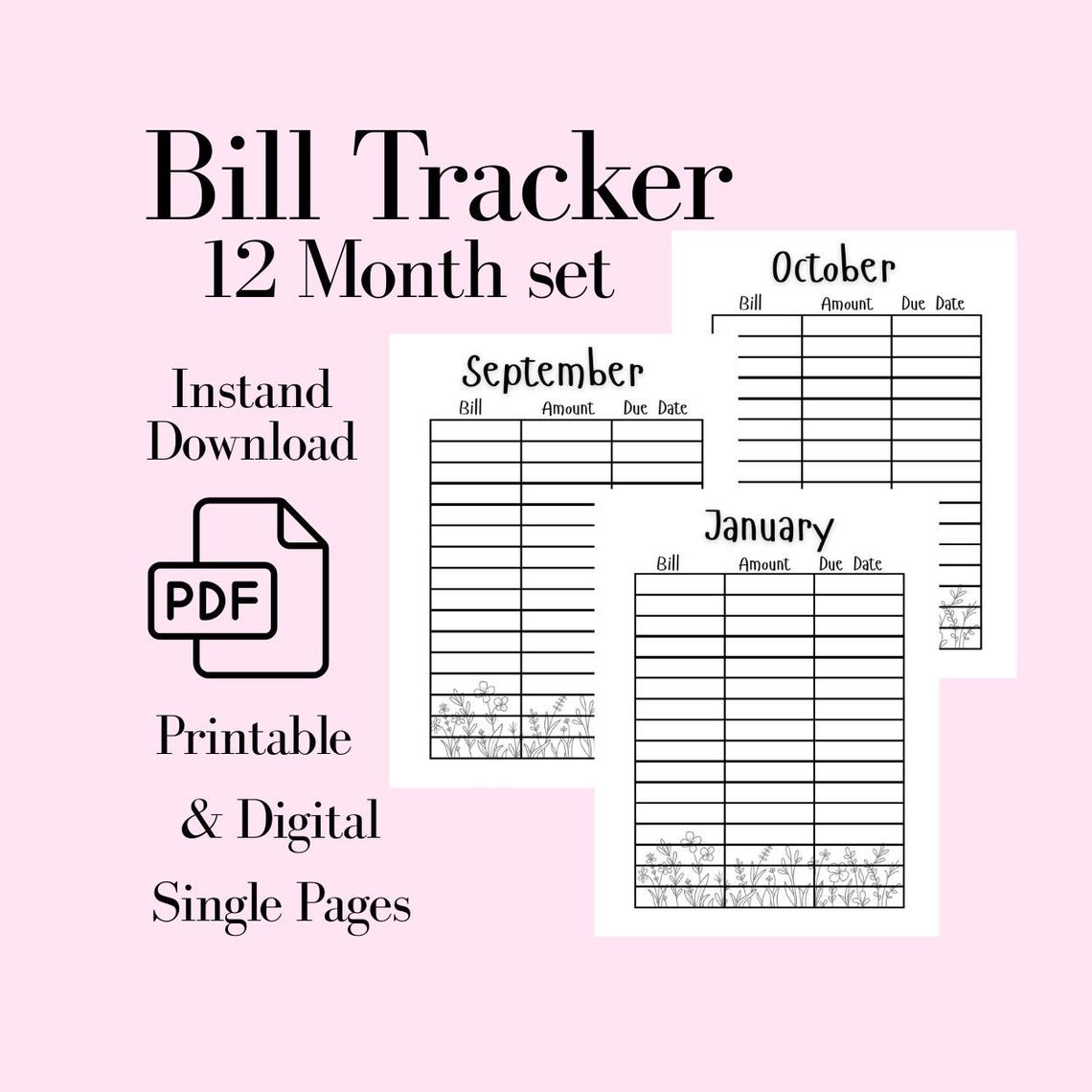 12-month Floral Bill Tracker Printable | Daily Budget Sheets ...