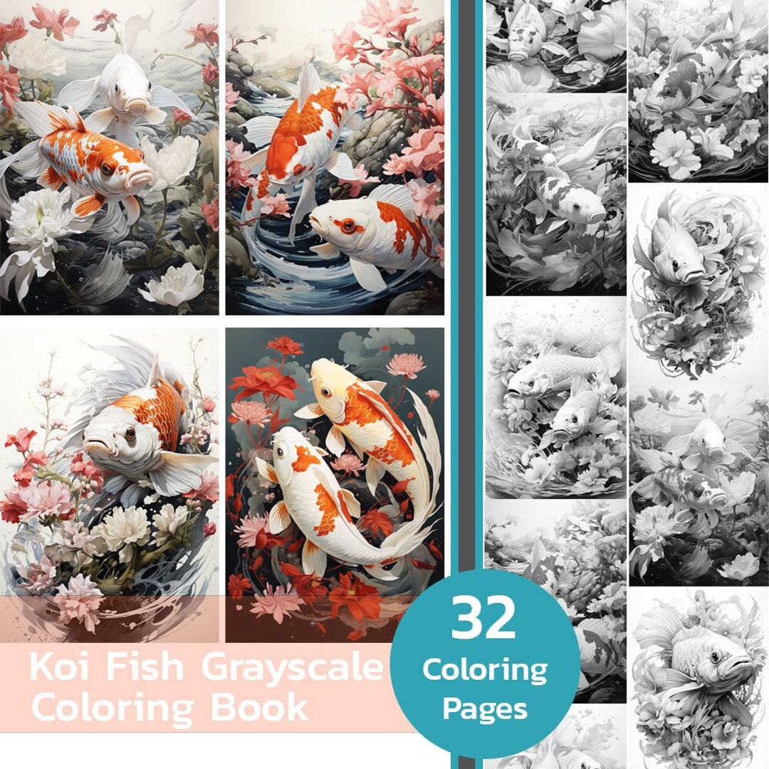 Koi Fish Coloring Book Koi Fish Grayscale Coloring Book for Adults and ...