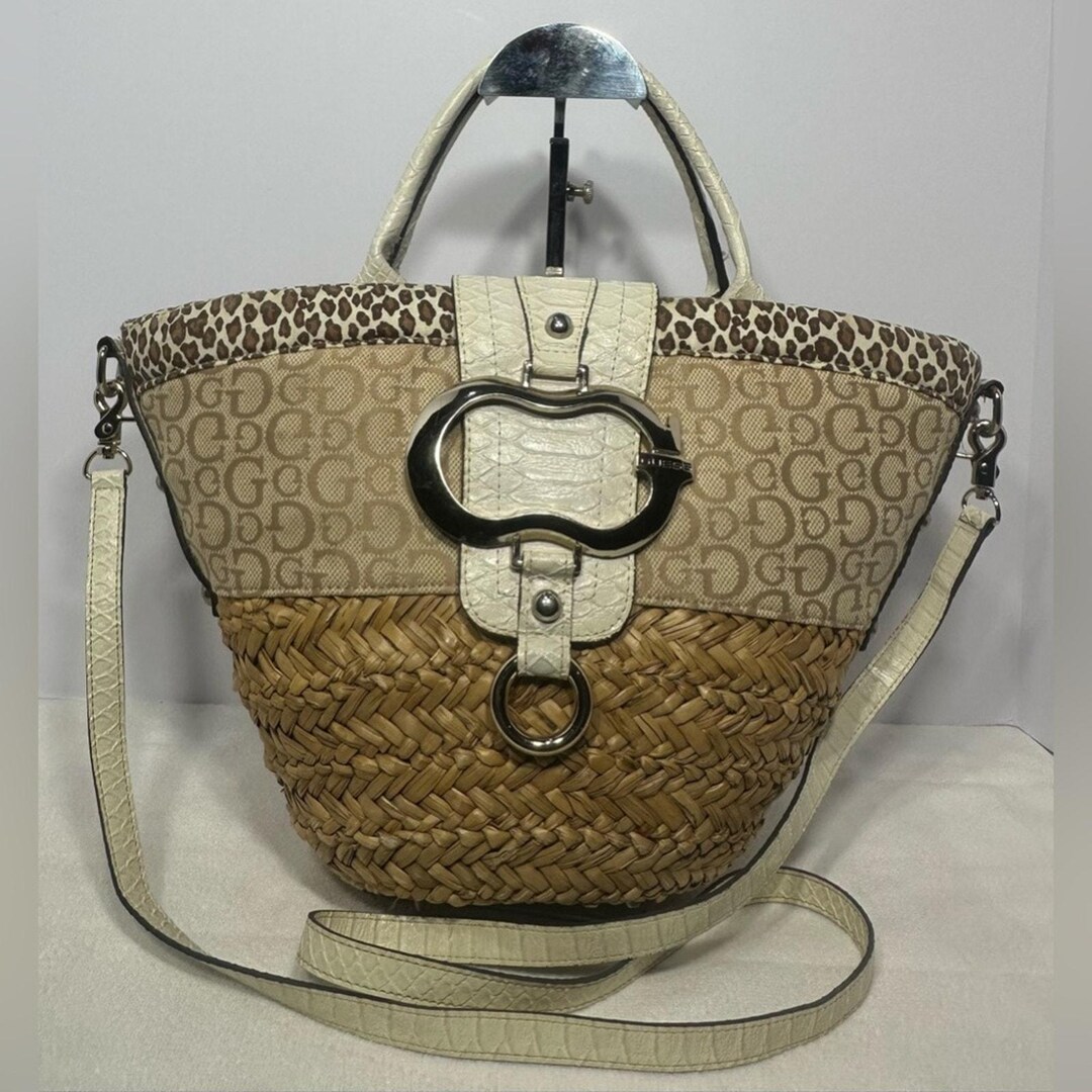 Guess Vintage Woven Straw Monogram Canvas Leopard Print Tote/crossbody ...