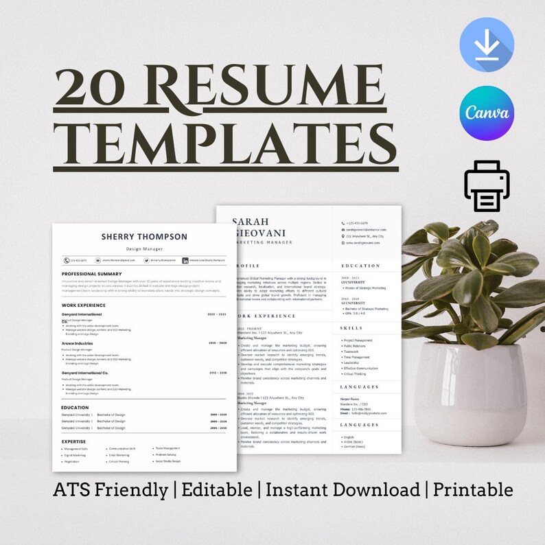 ATS Friendly Resume Template Word, 20 Pages, 1 Page Version, ATS CV ...