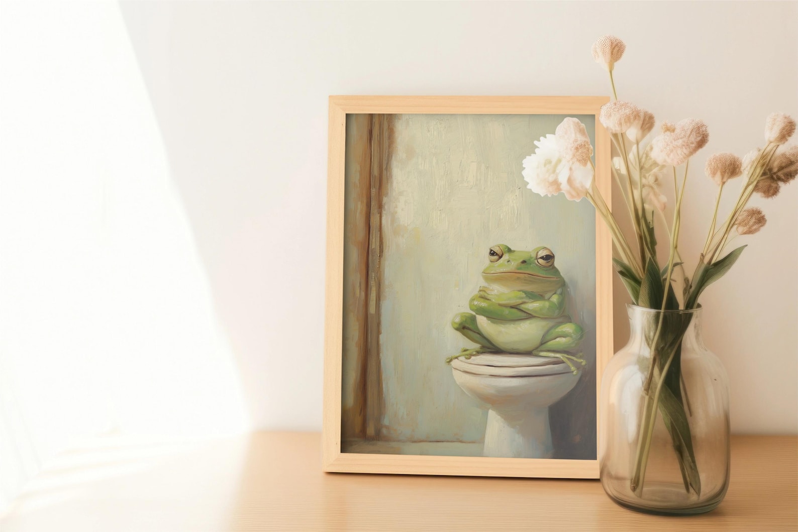 Cute Frog on Toilet Art Print, Grumpy Frog Bathroom Wall Decor, Retro ...