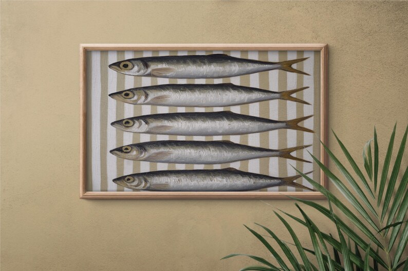 Striped Sardines Oil Painting Wall Art Print , Still Life Antique Art ...