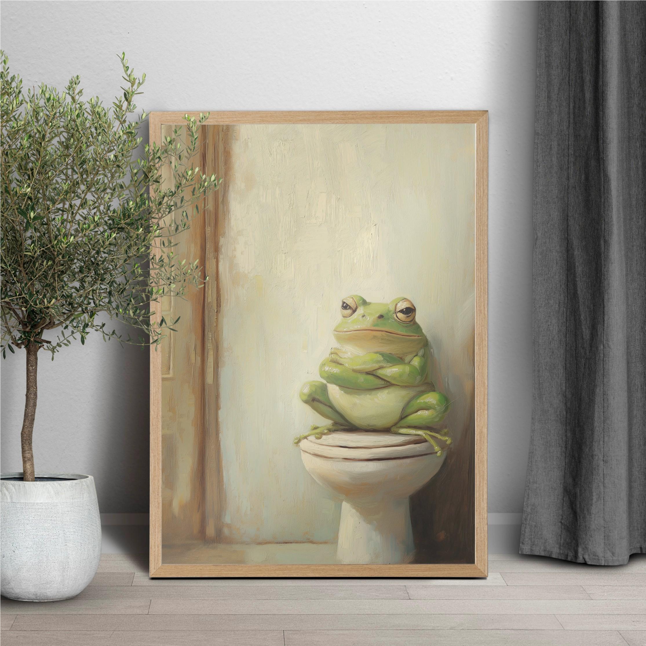 Cute Frog on Toilet Art Print, Grumpy Frog Bathroom Wall Decor, Retro ...