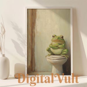 Cute Frog on Toilet Art Print, Grumpy Frog Bathroom Wall Decor, Retro ...