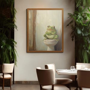 Cute Frog on Toilet Art Print, Grumpy Frog Bathroom Wall Decor, Retro ...