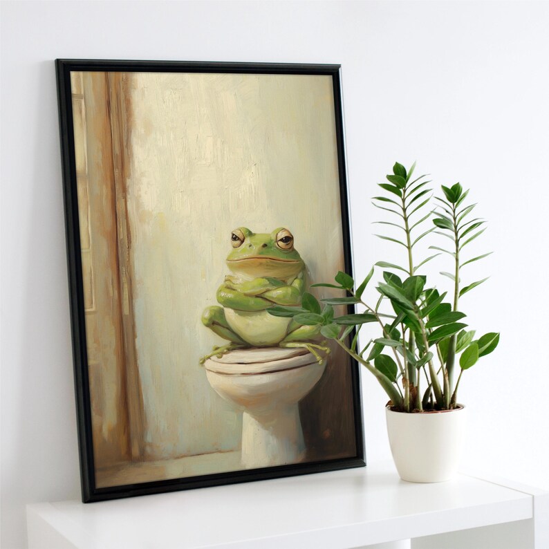 Cute Frog on Toilet Art Print, Grumpy Frog Bathroom Wall Decor, Retro ...