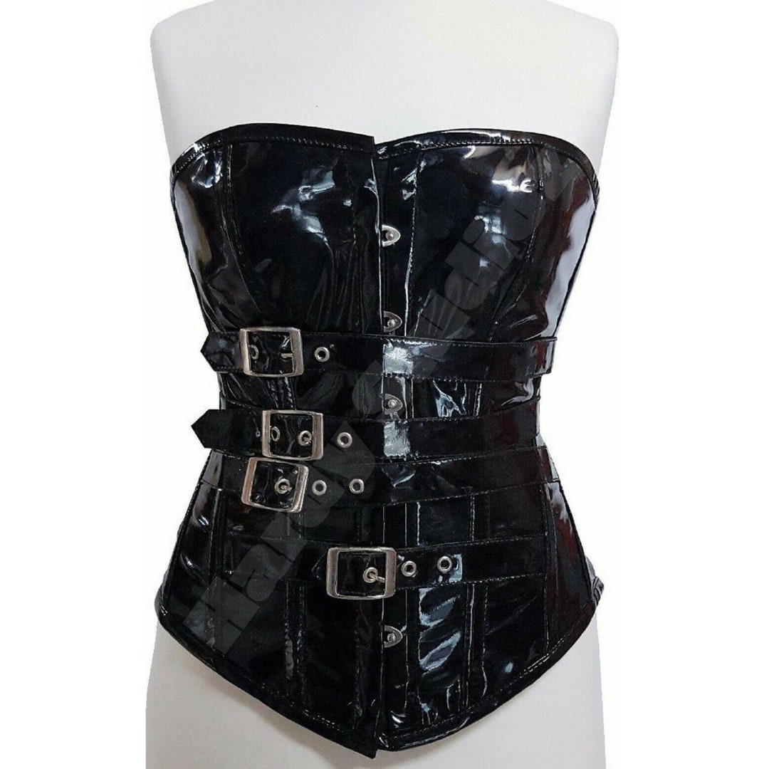 Black PVC Buckle Overbust Corset Women Steel Bone Waist Training ...