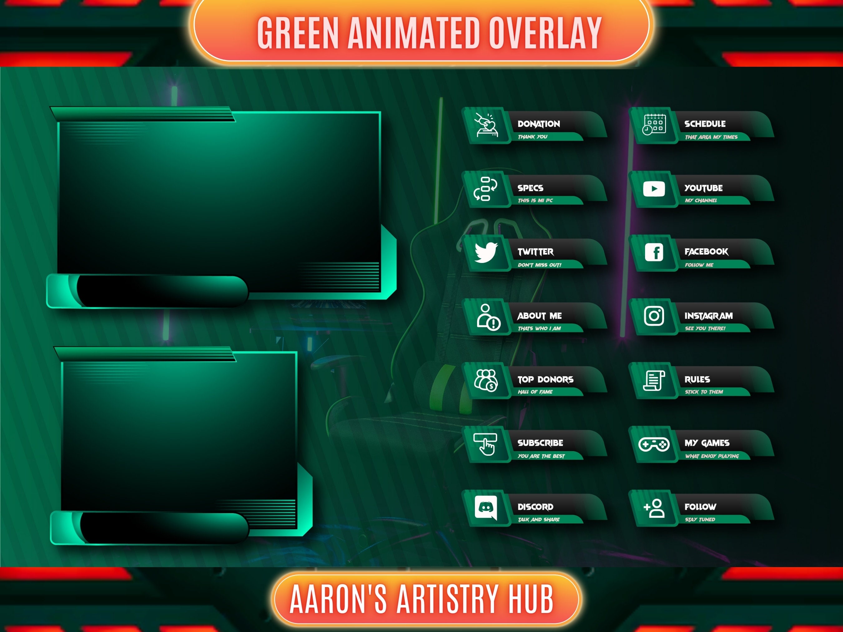 Animated Green Twitch Overlay Stream Package | Stream Overlay | Twitch ...