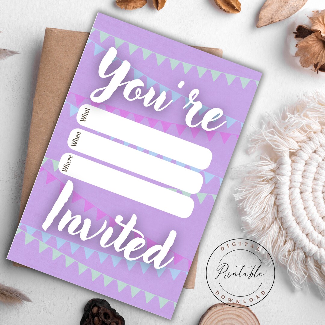 Purple Triangle Banner Printable Party Invitation, You're Invited Fill ...
