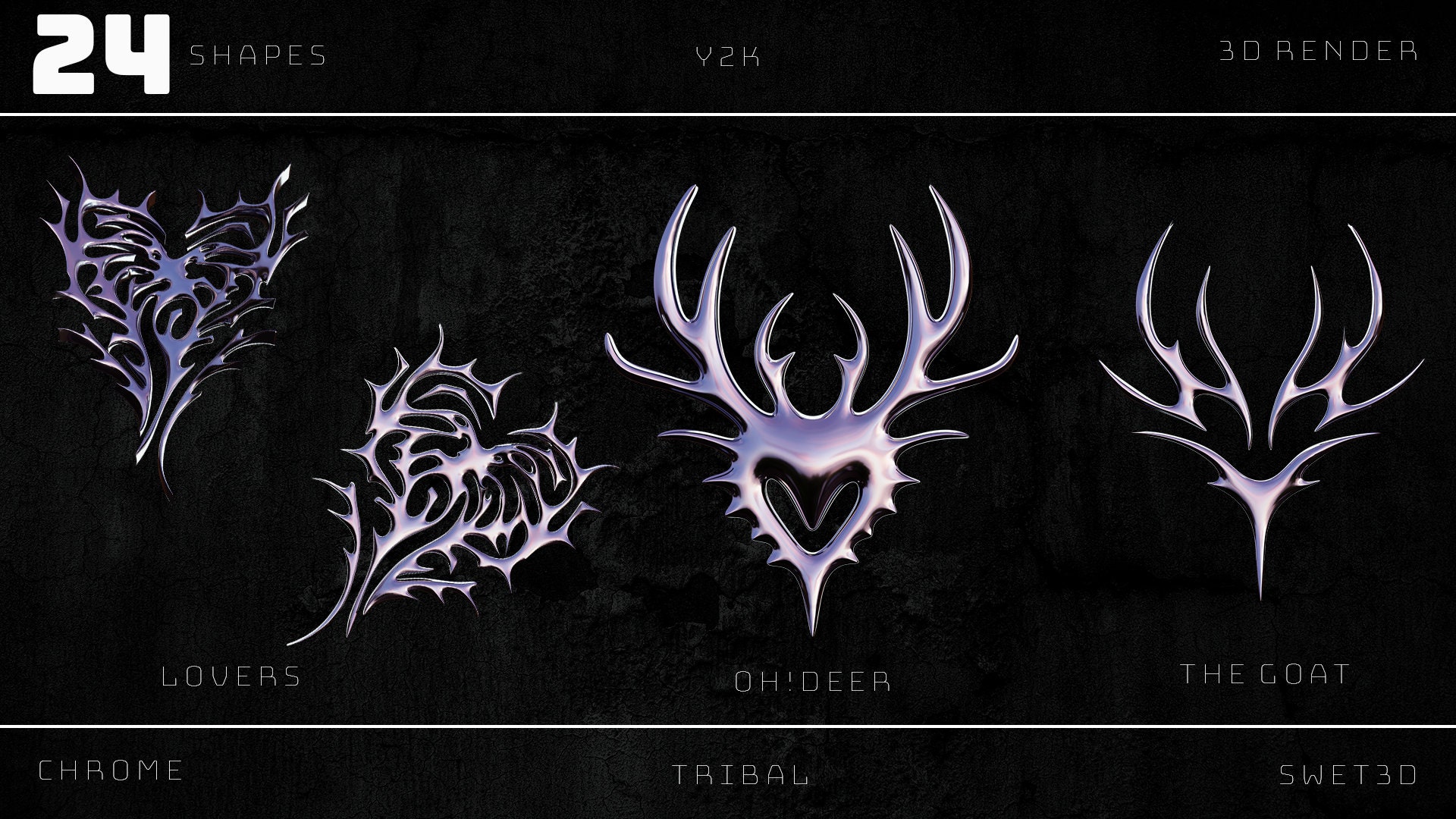 24 Chrome Y2K Tribal Shapes: 3D Render Elements (digital Download) - Etsy