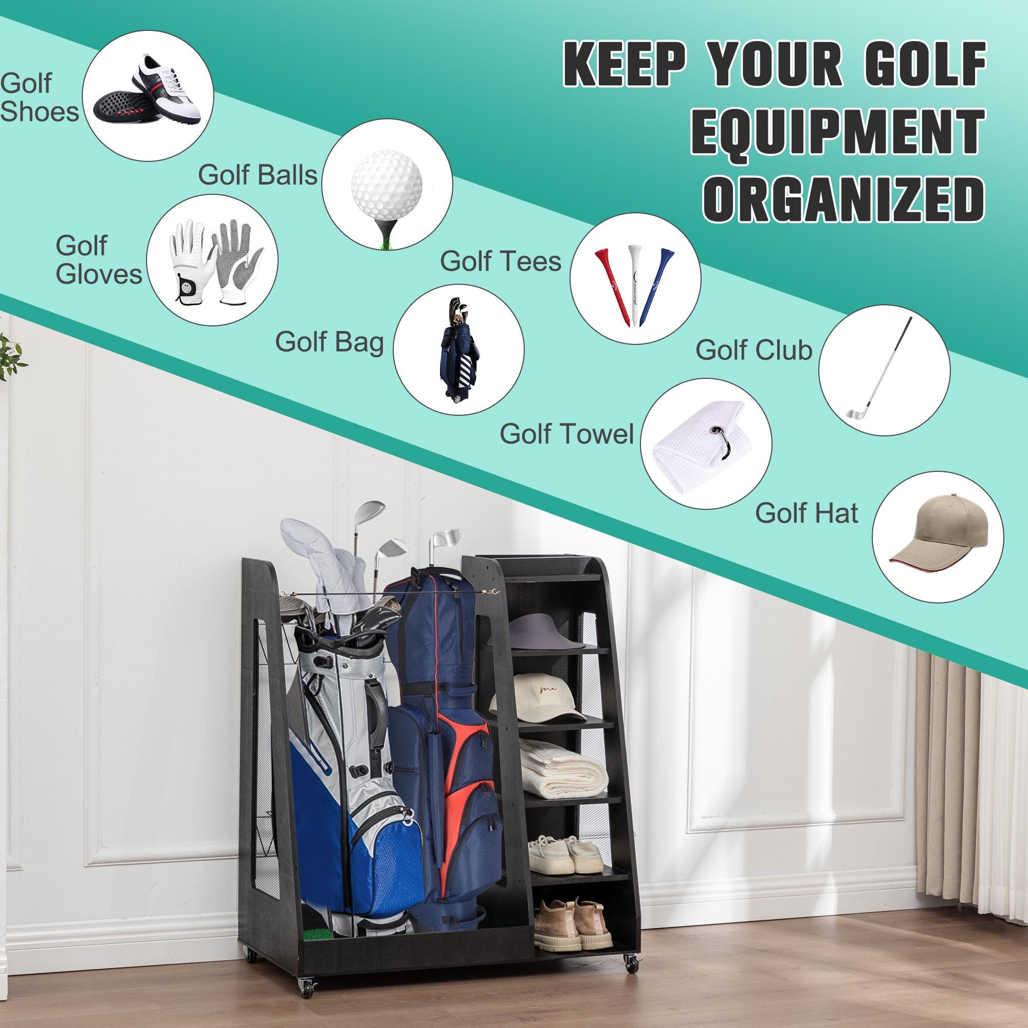 Golf Bag Storage Rack, Golf Box Storage Rack With Wheels, Can Hold 2 ...