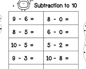 20 Printable Subtraction to 10 Fill in the Blanks Worksheets (numbers 1–10) – Kindergarten & 1st ...