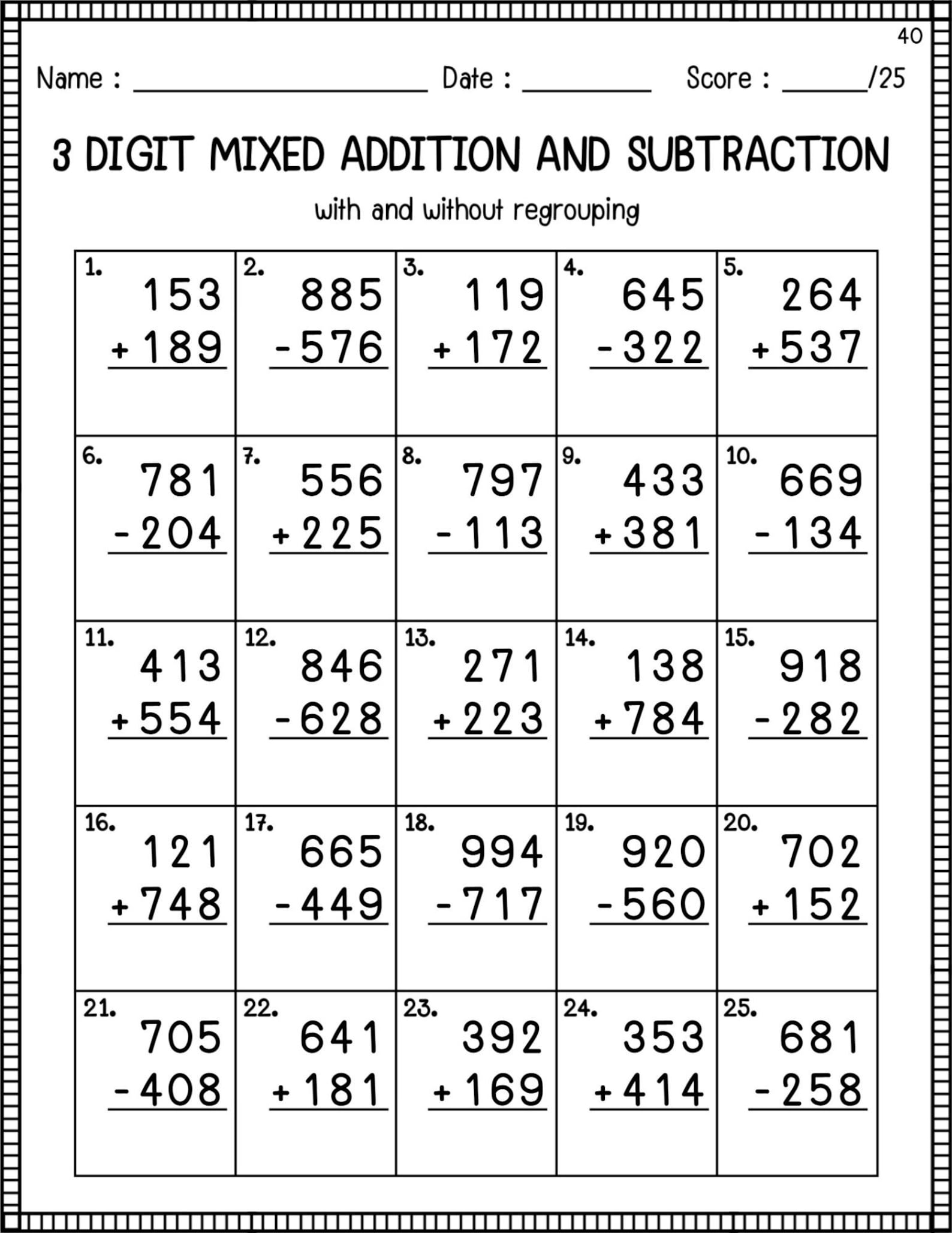 3 Digit Mixed Addition and Subtraction (with and Without Regrouping ...