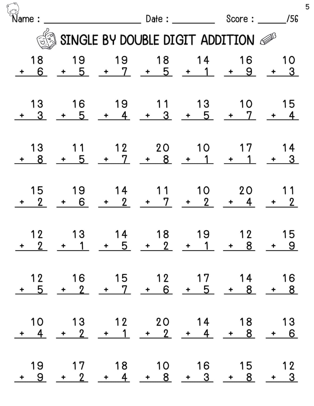 Single Double Digit Addition Worksheets | Fill in Blanks - Etsy