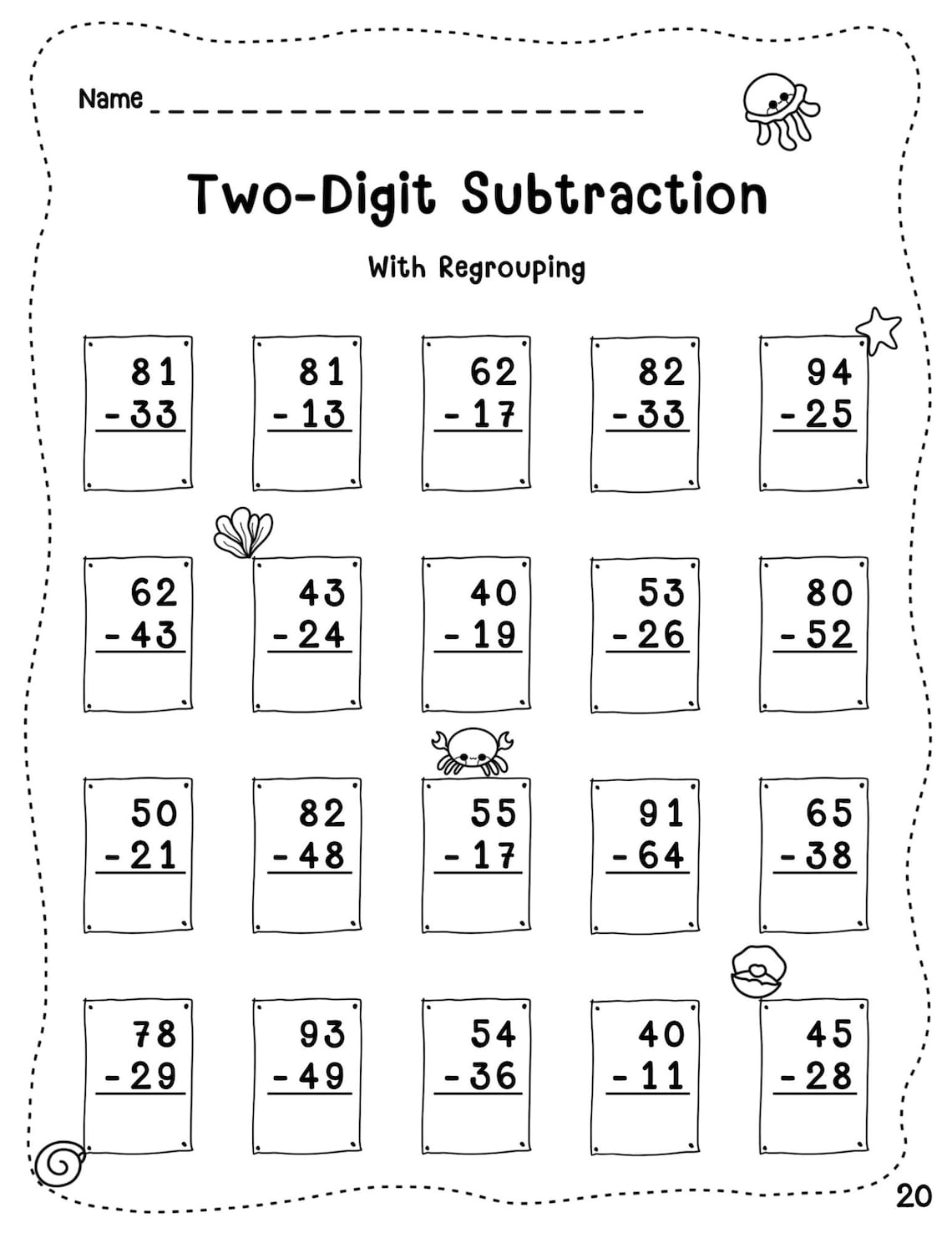 Two Digit Subtraction With Regrouping Within 100 Worksheets - Etsy