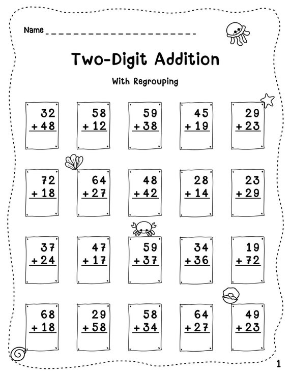 Regrouping Addition Worksheets For 2nd Grade 2 Digit Addition