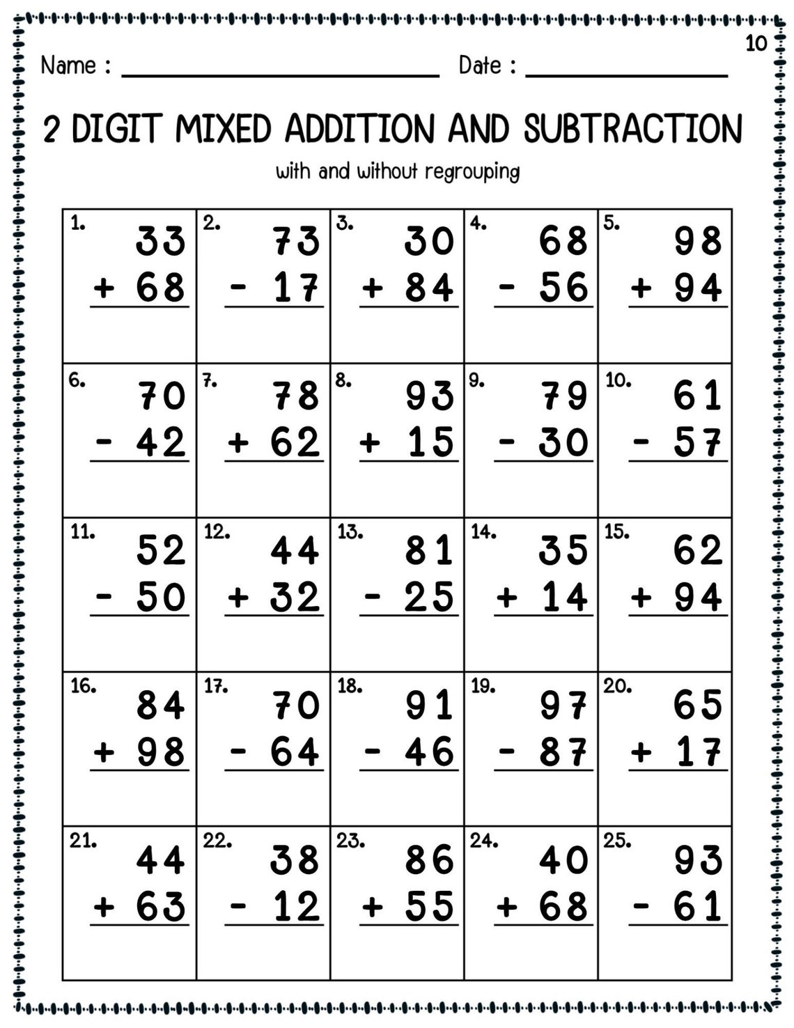 2 Digit Mixed Addition and Subtraction (with and Without Regrouping ...