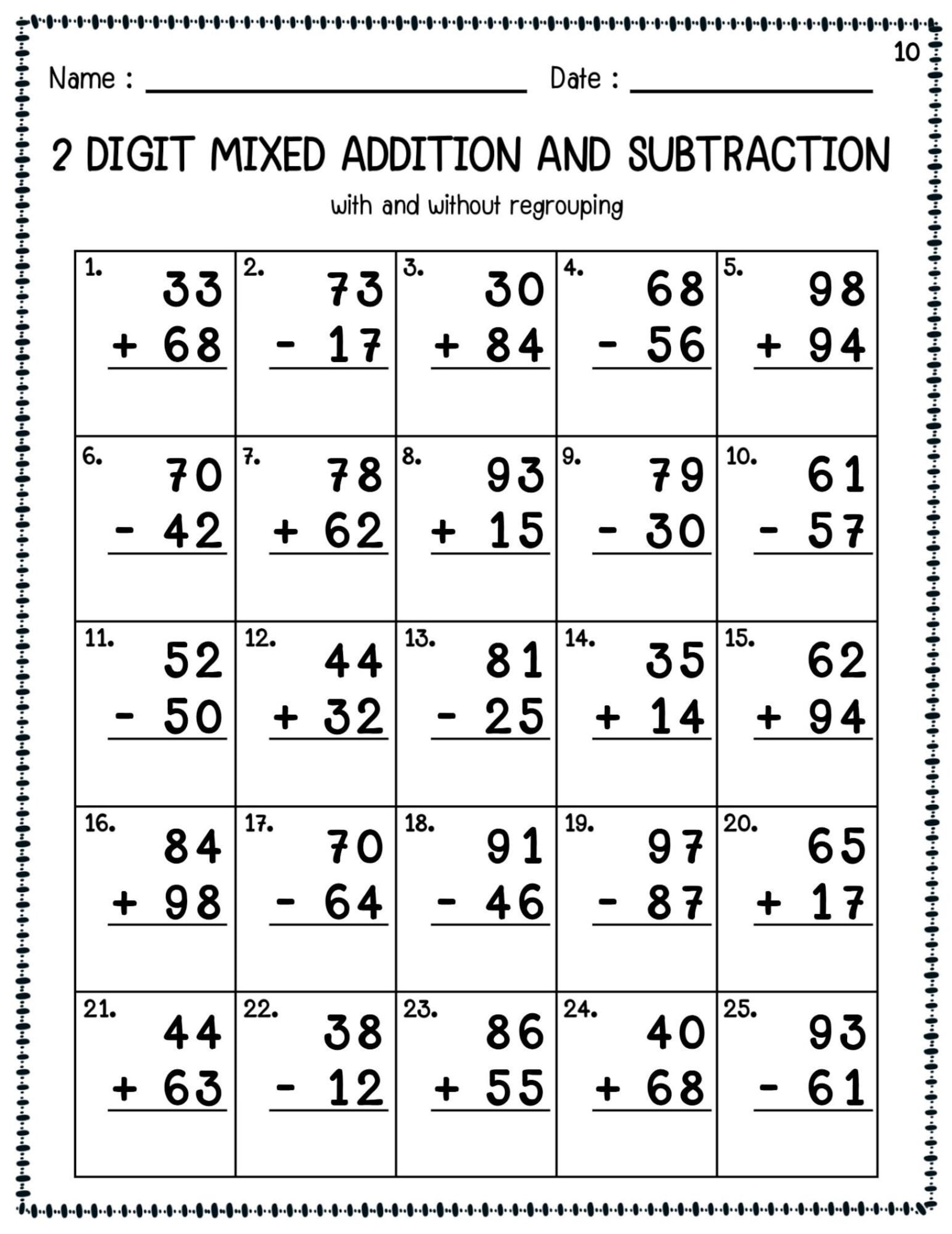 2 Digit Mixed Addition and Subtraction (with and Without Regrouping ...