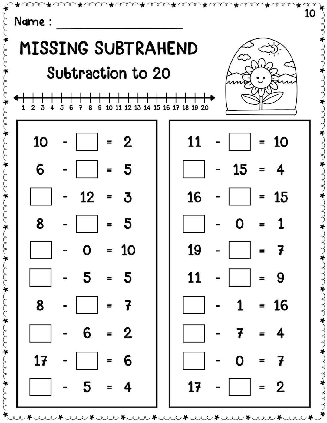50 Printable Missing Subtrahend to 20 | Subtraction Worksheets | K ...