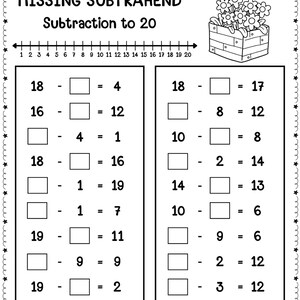 50 Printable Missing Subtrahend to 20 | Subtraction Worksheets | K ...