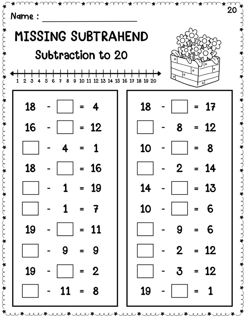 50 Printable Missing Subtrahend to 20 | Subtraction Worksheets | K ...