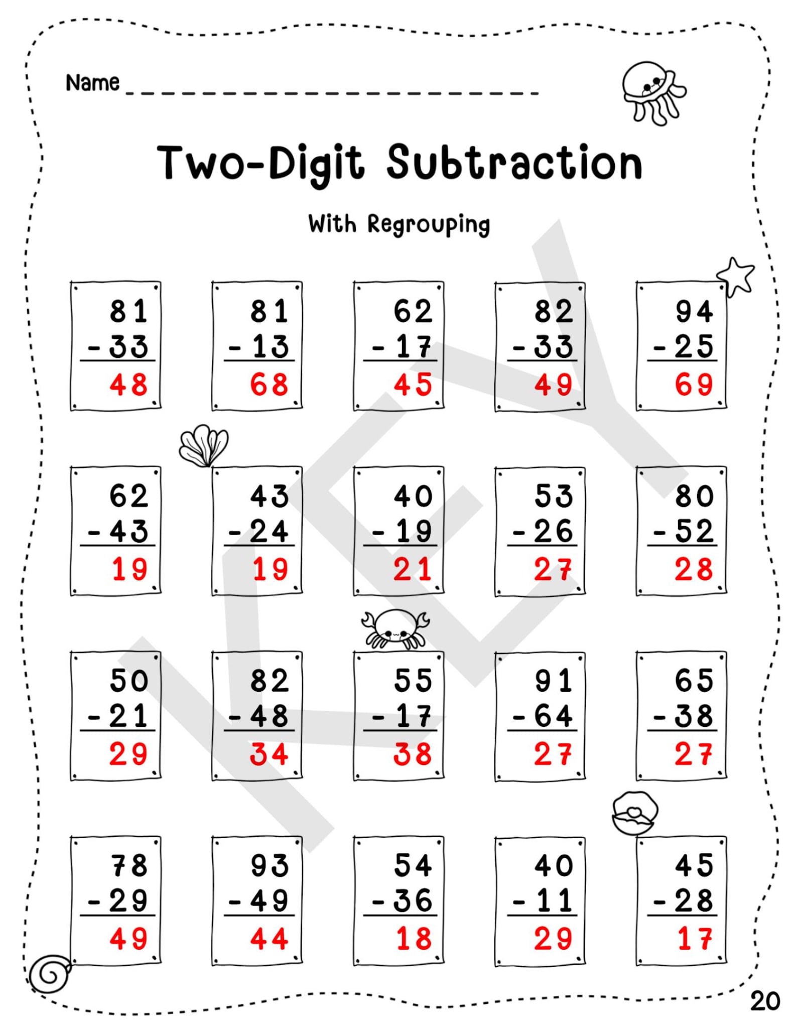 Two Digit Subtraction With Regrouping Within 100 Worksheets - Etsy