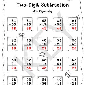 Two Digit Subtraction With Regrouping Within 100 Worksheets - Etsy