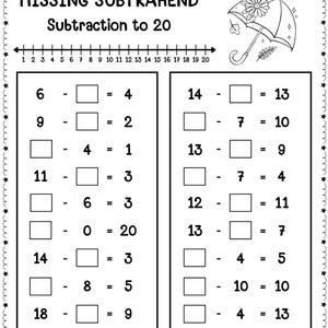 50 Printable Missing Subtrahend to 20 | Subtraction Worksheets | K ...