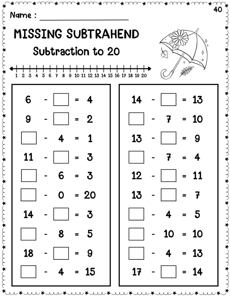 50 Printable Missing Subtrahend to 20 | Subtraction Worksheets | K ...