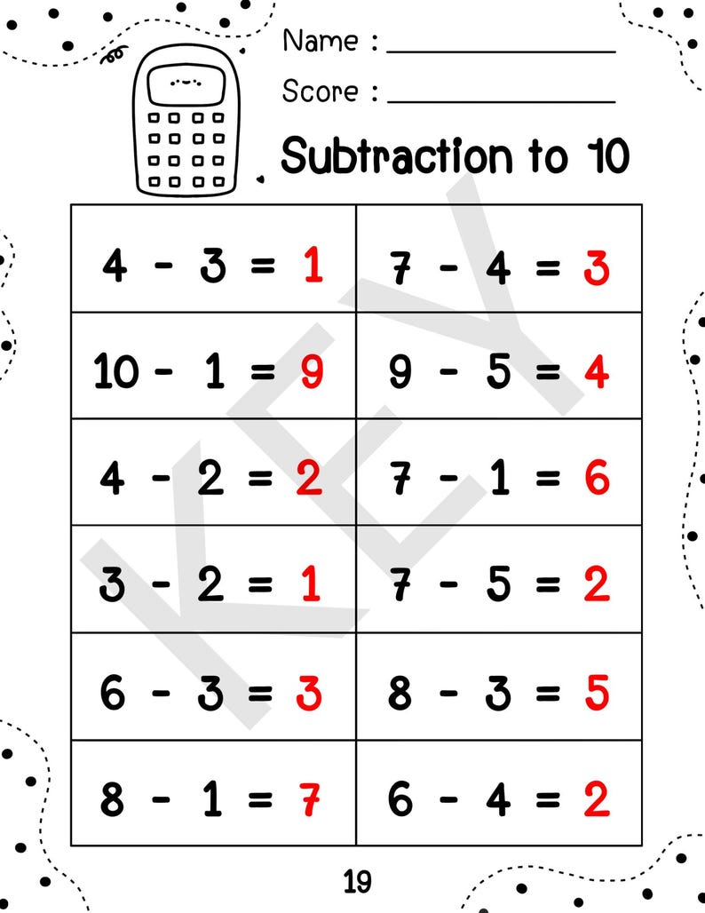 Subtraction Worksheets | Fill in the Blanks, Numbers 0-10 - Etsy