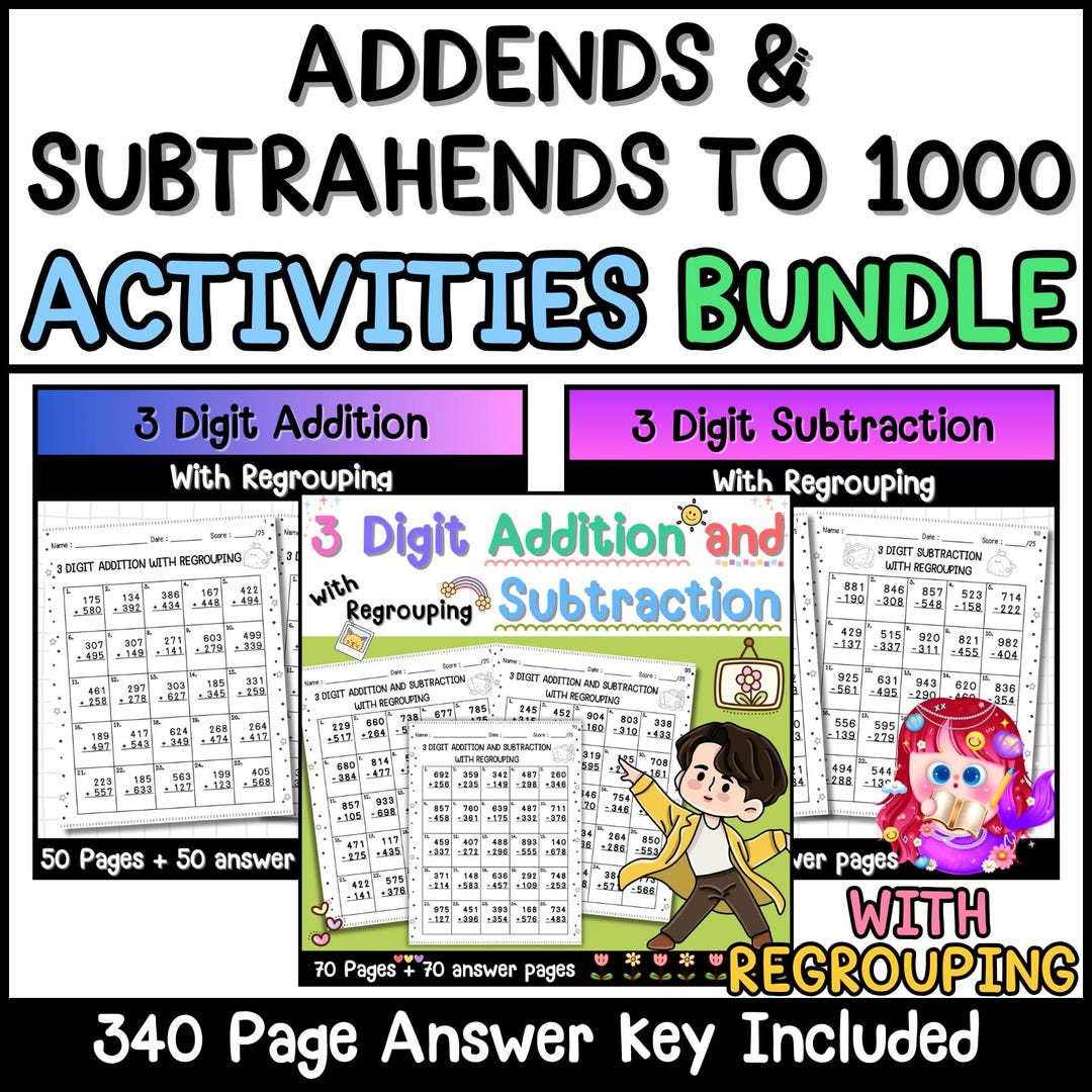 170 Printable Bundle 3 Digit Addition and Subtraction With Regrouping ...