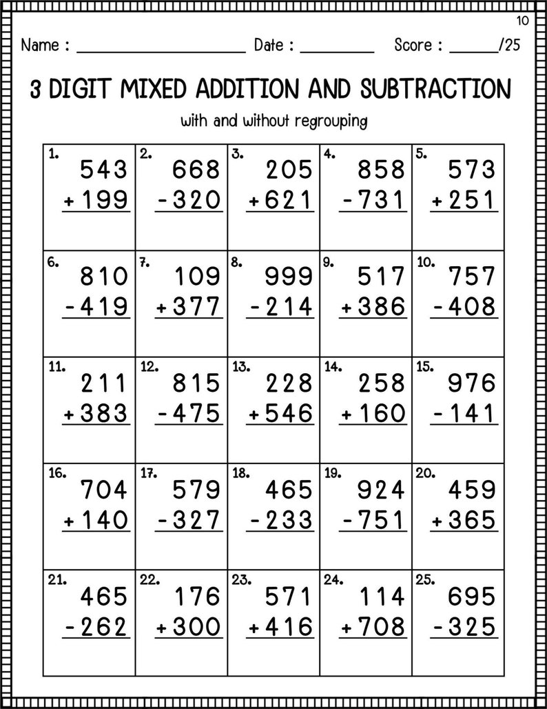 3 Digit Mixed Addition and Subtraction (with and Without Regrouping ...