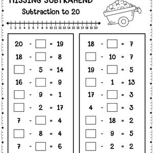 50 Printable Missing Subtrahend to 20 | Subtraction Worksheets | K ...