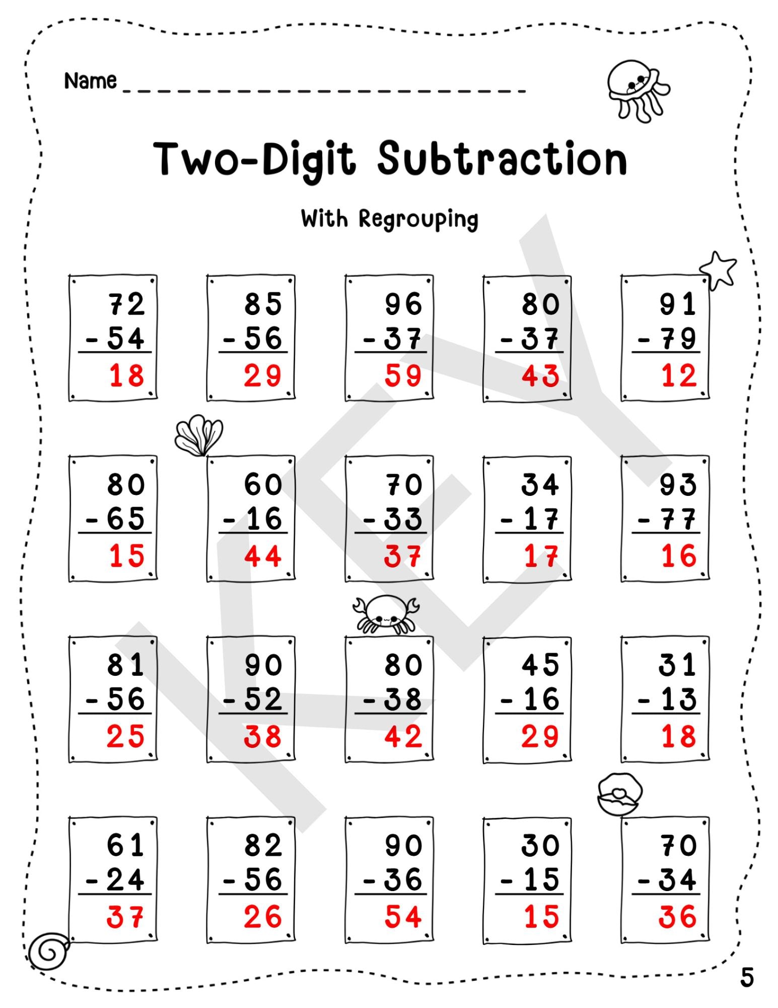 Two Digit Subtraction With Regrouping Within 100 Worksheets - Etsy