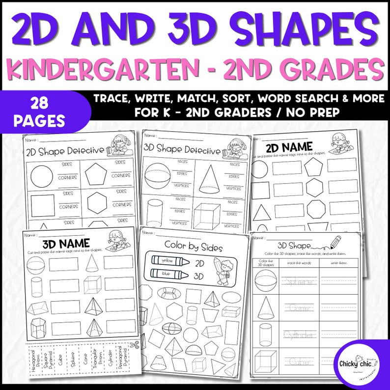 2D and 3D Shapes Worksheets | Trace, Match, Sort & Word Search | K-2nd ...