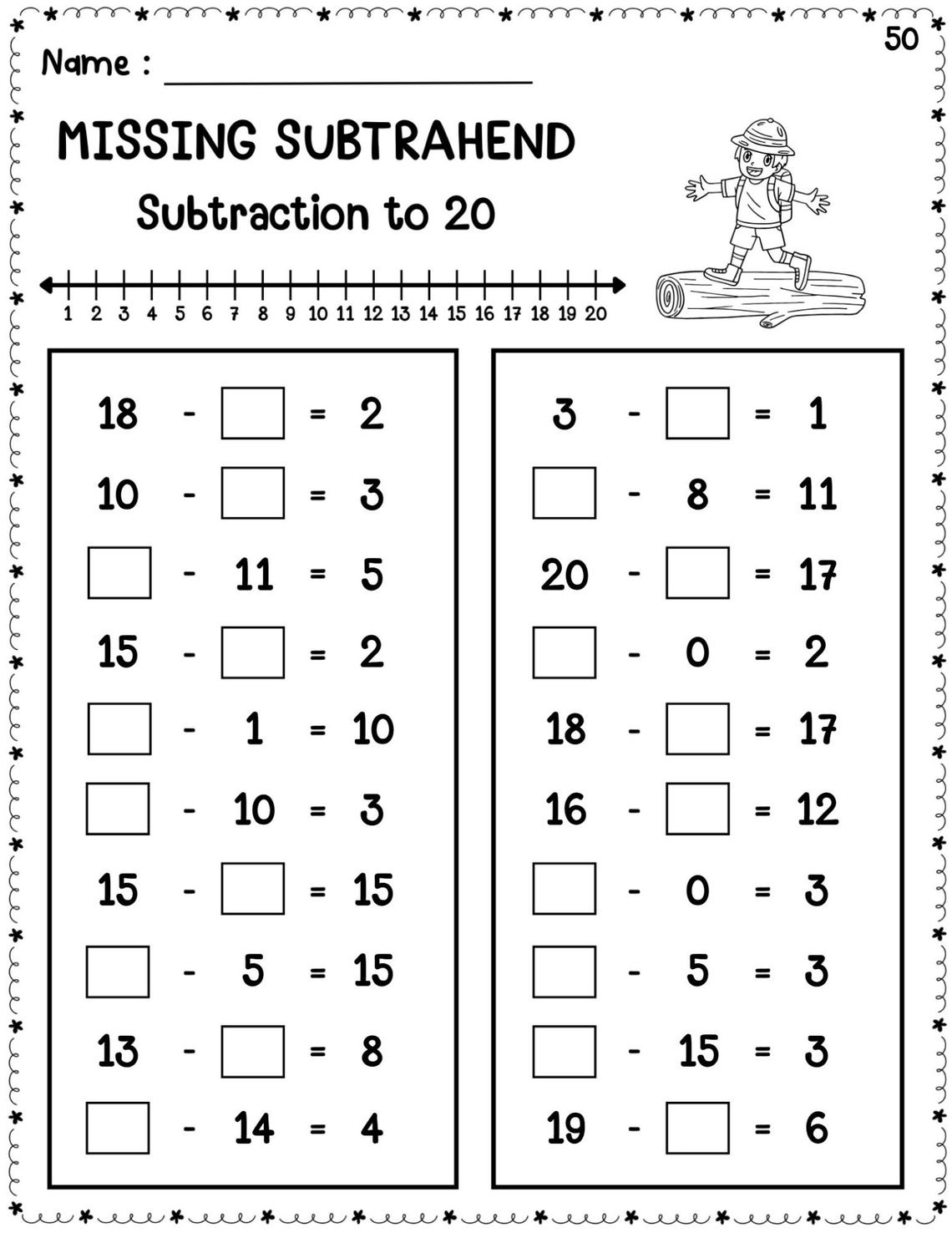 50 Printable Missing Subtrahend to 20 | Subtraction Worksheets | K ...