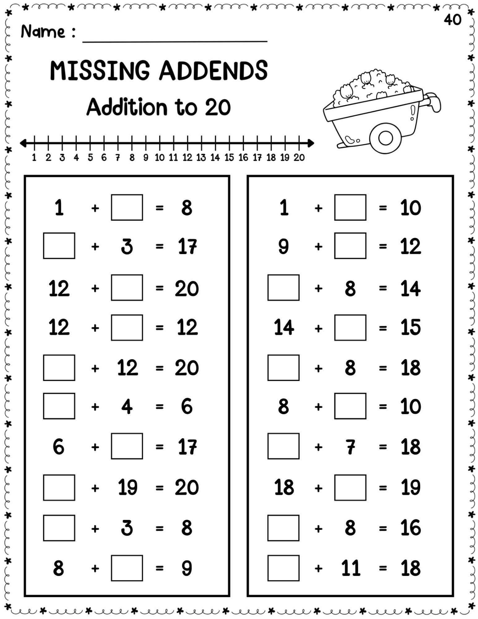 50 Printable Spring Missing Addends to 20 | Addition Worksheets | K ...
