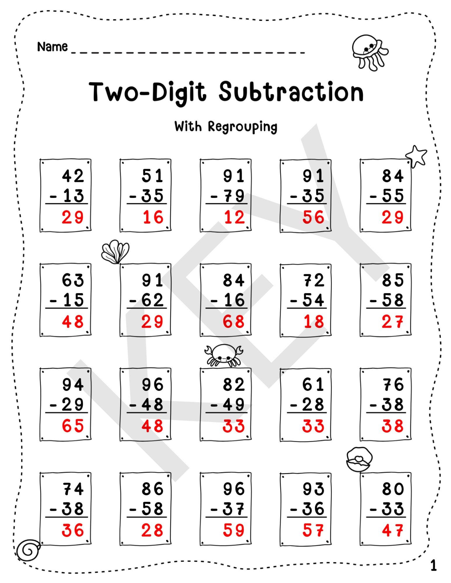 Two Digit Subtraction With Regrouping Within 100 Worksheets - Etsy