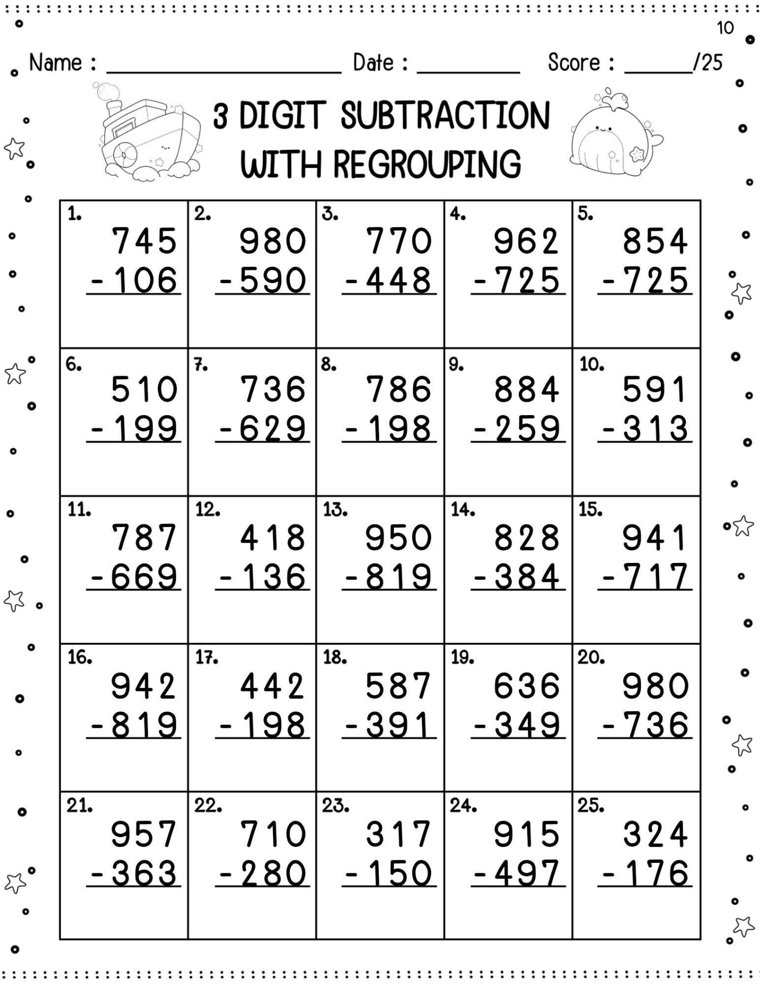 3 Digit Subtraction With Regrouping Worksheets Coloring 3 Digit